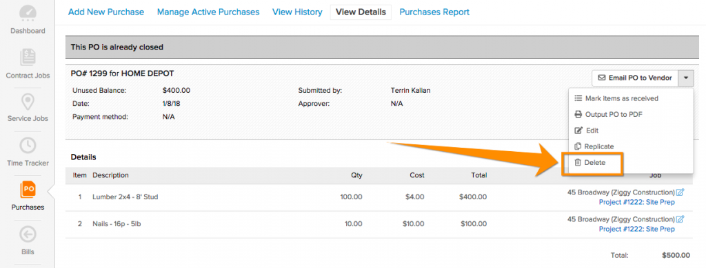How to delete a purchase – Knowify